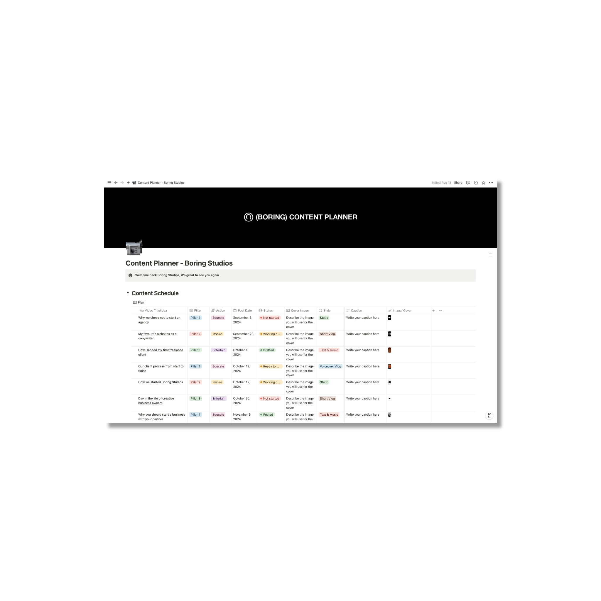 Content Planner Template | Notion Planning – Boring Studios