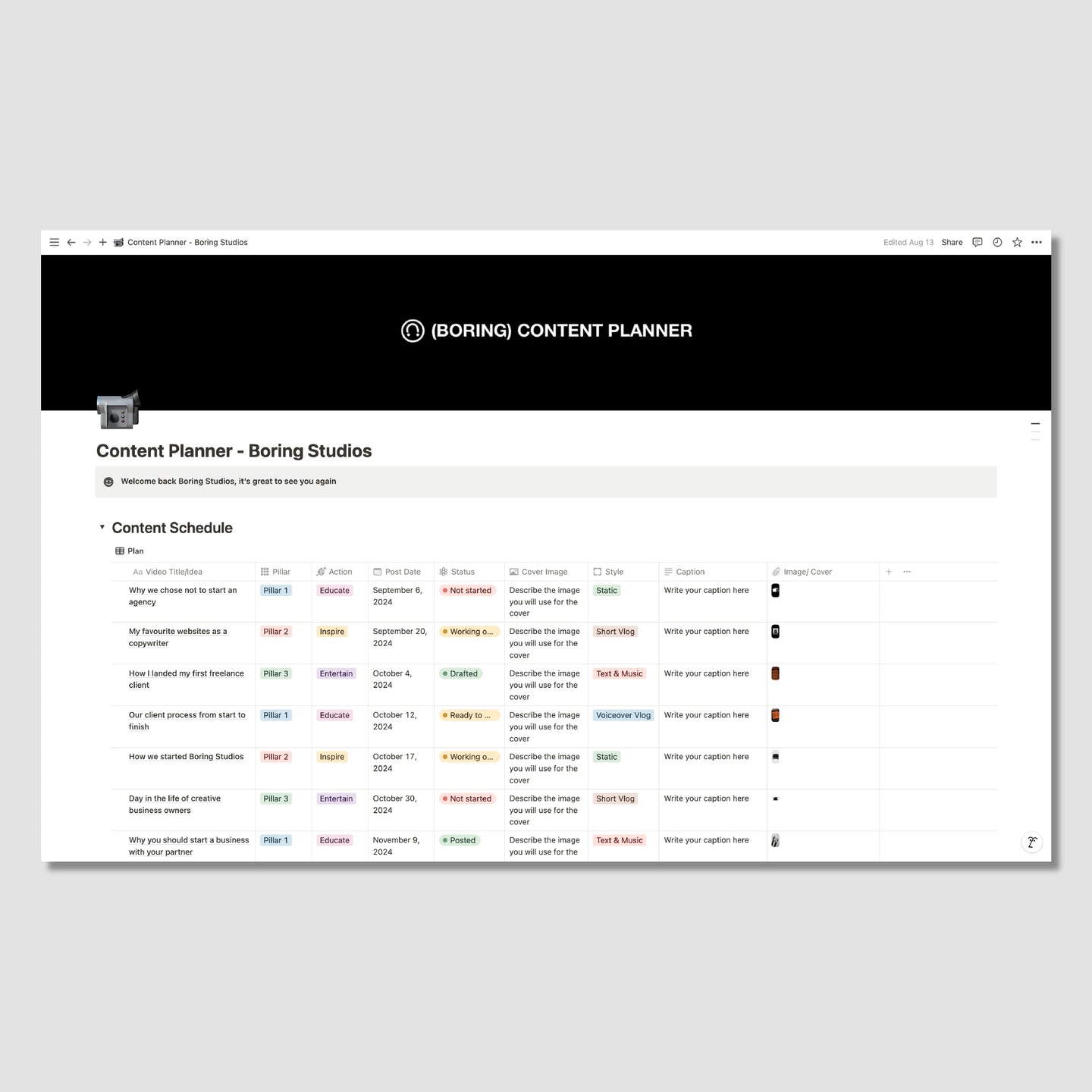 Content Planner Template – Boring Studios