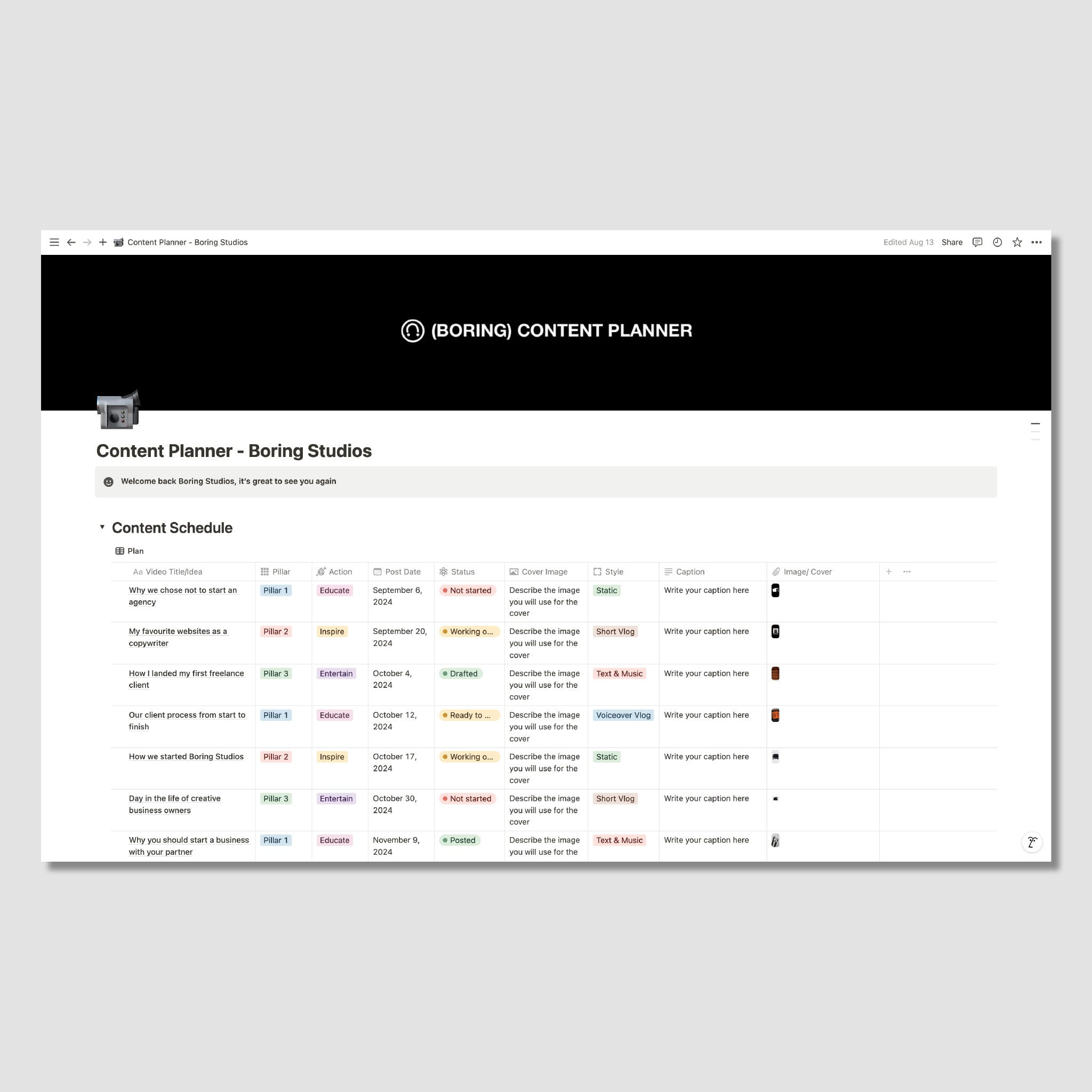 Content Planner Template – Boring Studios