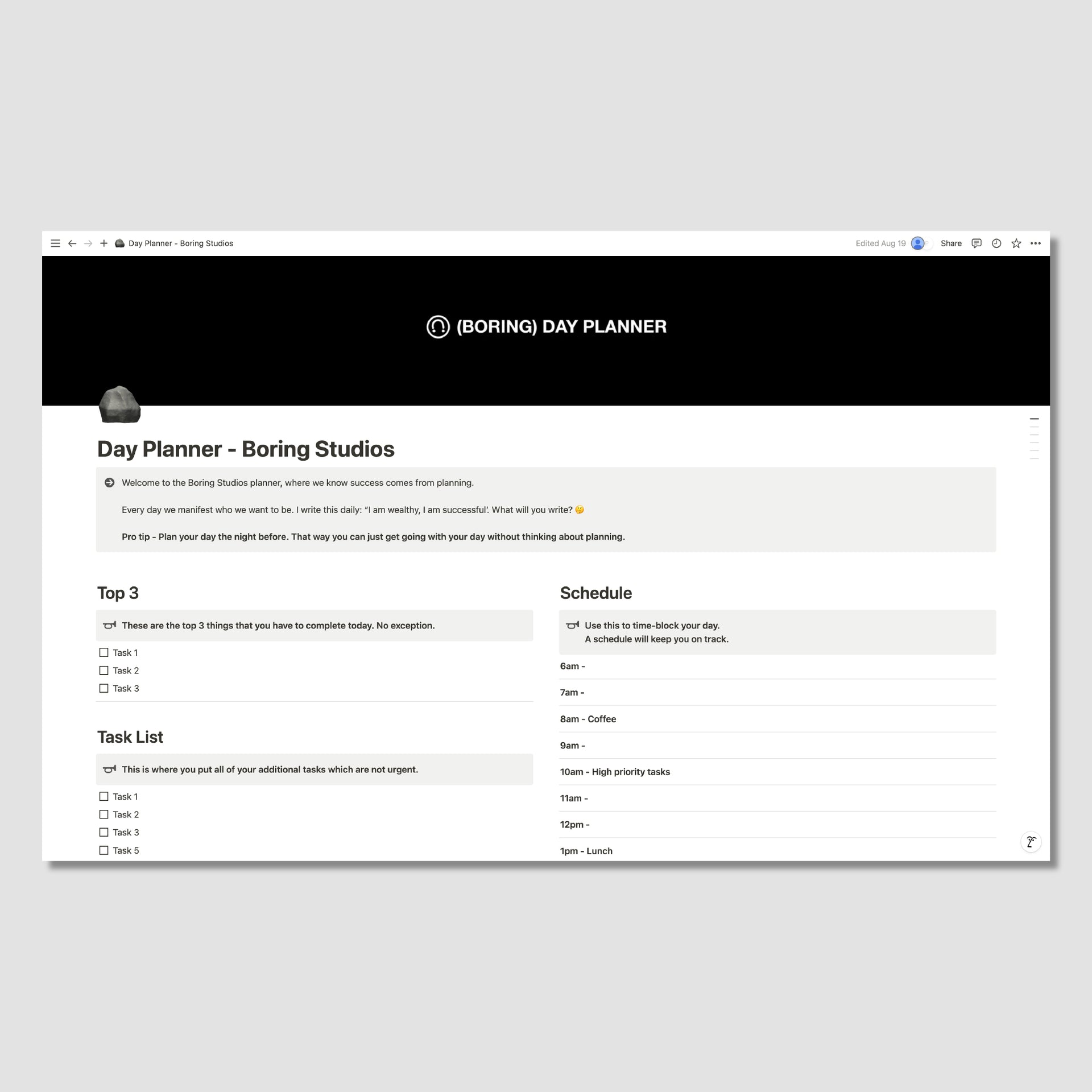 Daily Planner Template – Boring Studios