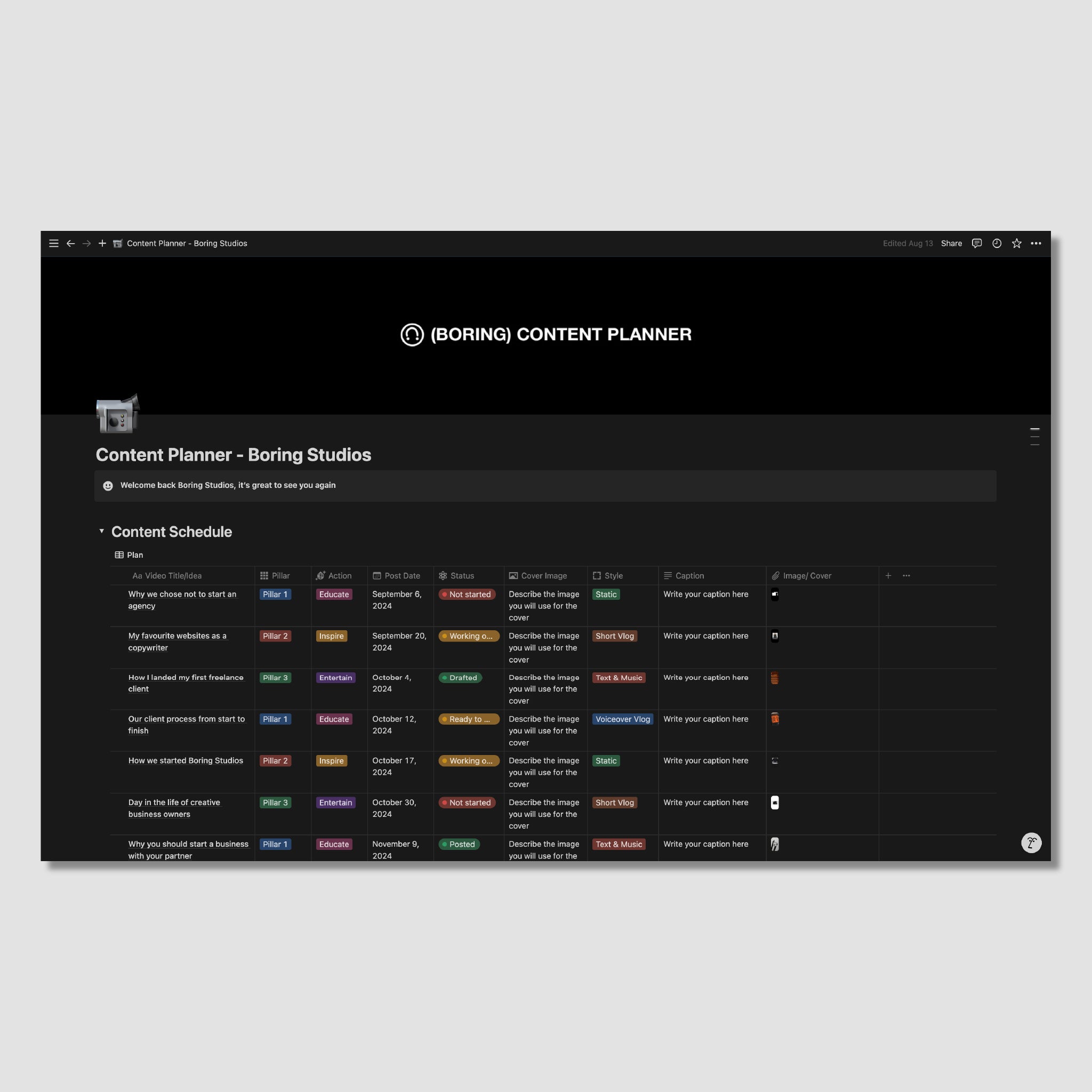Content Planner Template – Boring Studios